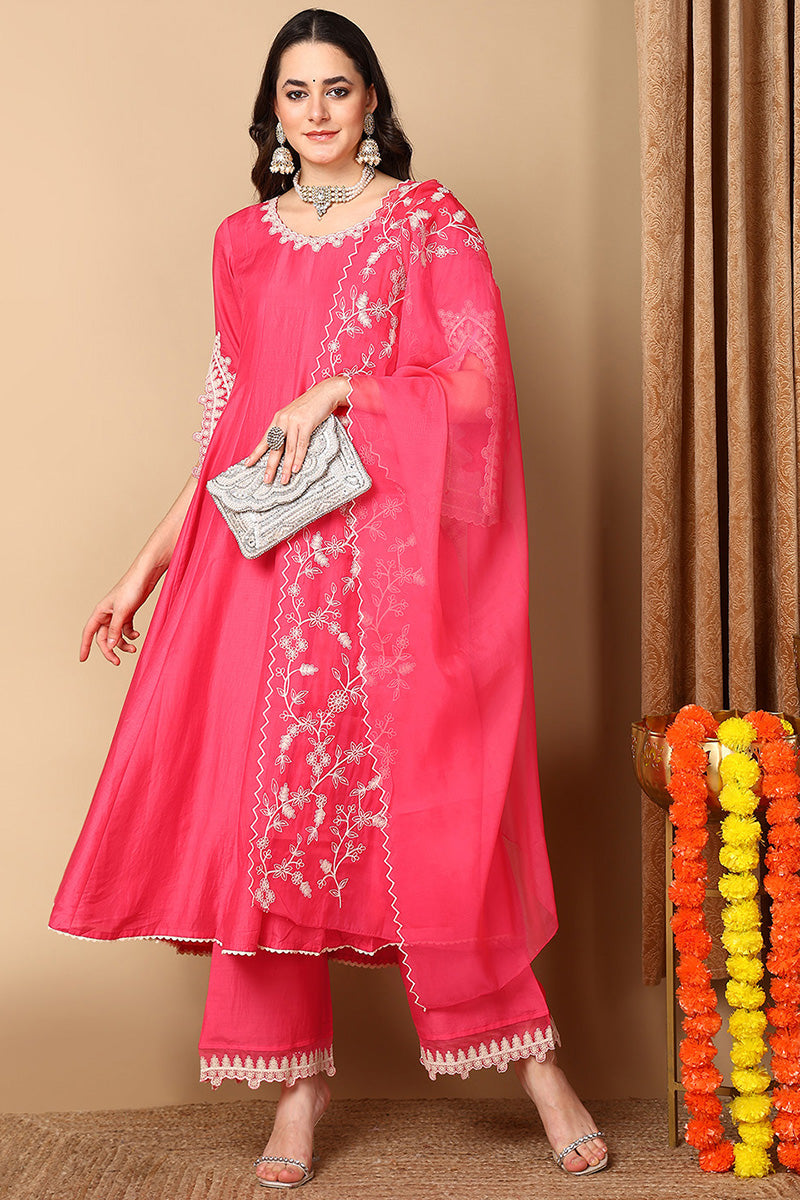 Pink Silk Blend Solid Embroidered Flared Suit Set PKSKD2071 – Ahika