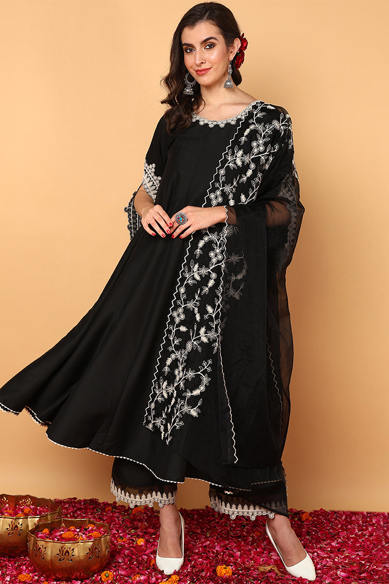 Black Silk Blend Solid Embroidered Flared Suit Set PKSKD2119 – Ahika